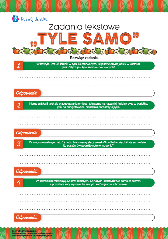 Zadania tekstowe z „tyle samo” – Rozwój dziecka