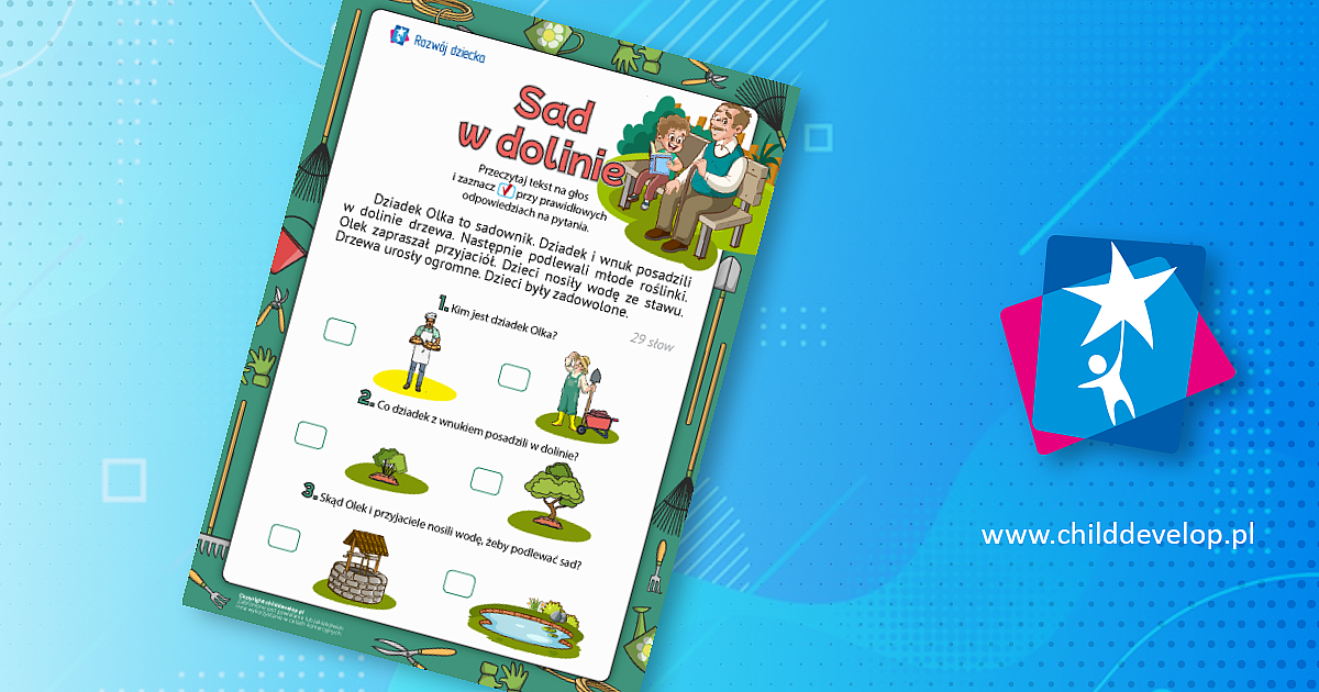 Sad w dolinie: rozwijanie umiejętności czytania – do druku karty pracy ...